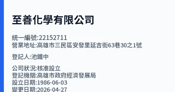 至善化學有限公司的照片-統編 22152711(高雄市) 公司登記資料與營業項目詳細圖表