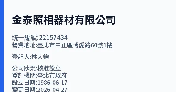 金泰照相器材有限公司的照片-統編 22157434(臺北市) 公司登記資料與營業項目詳細圖表
