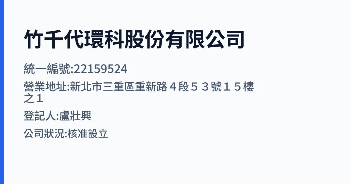 竹千代環科股份有限公司 - 統編 22159524(新北市) 公司登記資料與營業項目詳細圖表