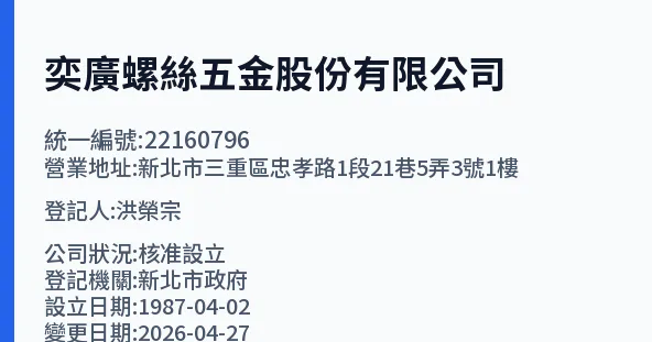 奕廣螺絲五金股份有限公司的照片-統編 22160796(新北市) 公司登記資料與營業項目詳細圖表