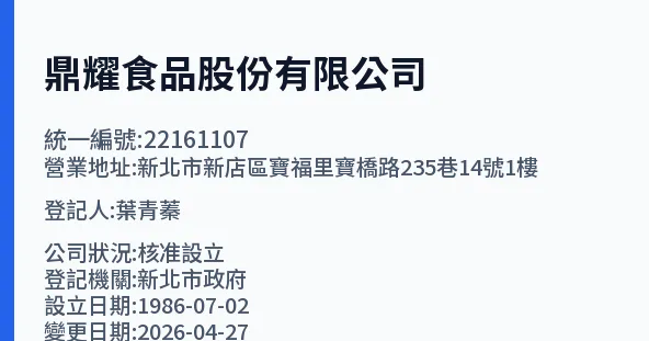 鼎耀食品股份有限公司的照片-統編 22161107(新北市) 公司登記資料與營業項目詳細圖表