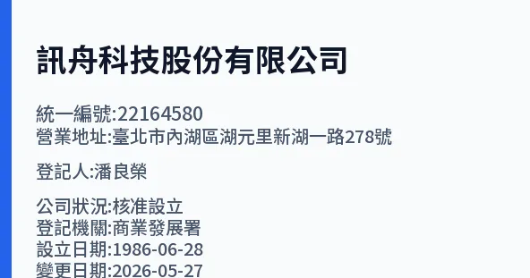 訊舟科技股份有限公司的照片-統編 22164580(臺北市) 公司登記資料與營業項目詳細圖表