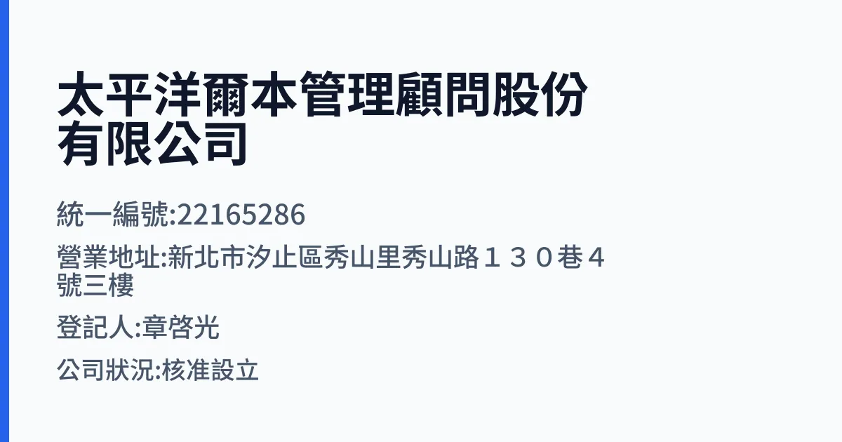 太平洋爾本管理顧問股份有限公司 - 統編 22165286(新北市) 公司登記資料與營業項目詳細圖表