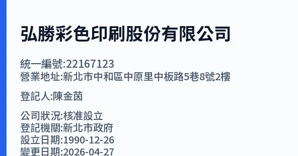 弘勝彩色印刷股份有限公司的照片-統編 22167123(新北市) 公司登記資料與營業項目詳細圖表