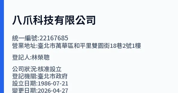 八爪科技有限公司的照片-統編 22167685(臺北市) 公司登記資料與營業項目詳細圖表