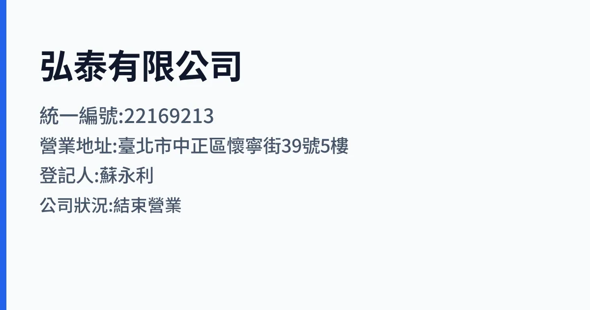 弘泰有限公司 - 統編 22169213(臺北市) 公司登記資料與營業項目詳細圖表