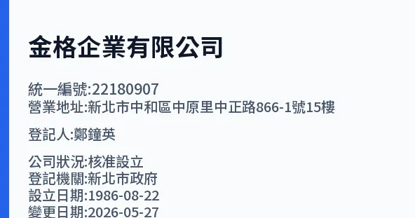 金格企業有限公司的照片-統編 22180907(新北市) 公司登記資料與營業項目詳細圖表