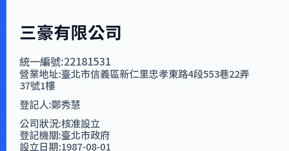 三豪有限公司的照片-統編 22181531(臺北市) 公司登記資料與營業項目詳細圖表