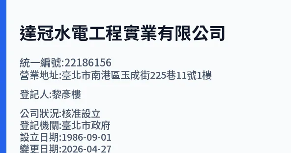 達冠水電工程實業有限公司的照片-統編 22186156(臺北市) 公司登記資料與營業項目詳細圖表