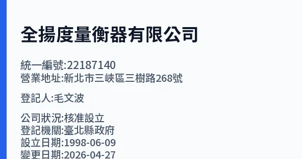 全揚度量衡器有限公司的照片-統編 22187140(新北市) 公司登記資料與營業項目詳細圖表