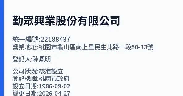 勤眾興業股份有限公司的照片-統編 22188437(桃園市) 公司登記資料與營業項目詳細圖表