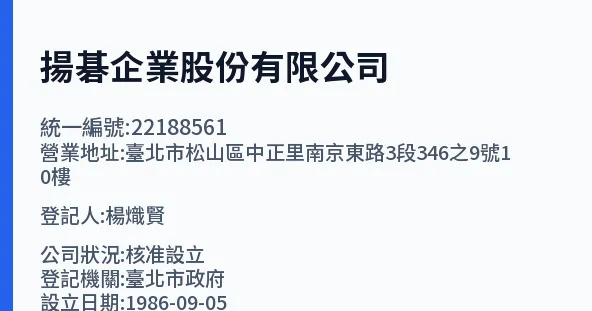 揚碁企業股份有限公司的照片-統編 22188561(臺北市) 公司登記資料與營業項目詳細圖表