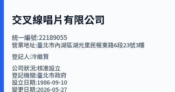 交叉線唱片有限公司的照片-統編 22189055(臺北市) 公司登記資料與營業項目詳細圖表