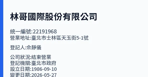 林哥國際股份有限公司的照片-統編 22191968(臺北市) 公司登記資料與營業項目詳細圖表