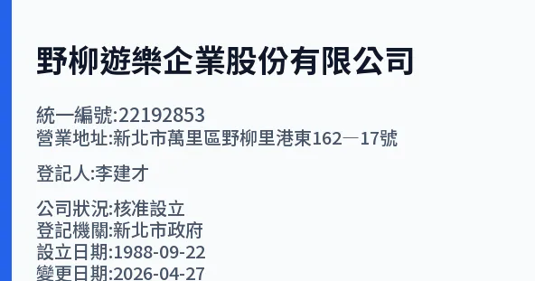 野柳遊樂企業股份有限公司的照片-統編 22192853(新北市) 公司登記資料與營業項目詳細圖表