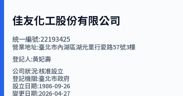 佳友化工股份有限公司的照片-統編 22193425(臺北市) 公司登記資料與營業項目詳細圖表
