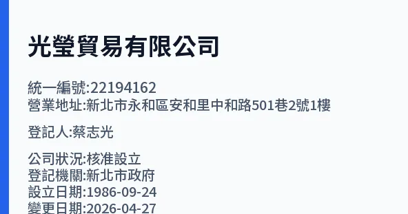 光瑩貿易有限公司的照片-統編 22194162(新北市) 公司登記資料與營業項目詳細圖表