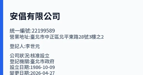 安倡有限公司的照片-統編 22199589(臺北市) 公司登記資料與營業項目詳細圖表