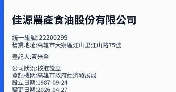 佳源農產食油股份有限公司的照片-統編 22200299(高雄市) 公司登記資料與營業項目詳細圖表