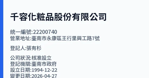 千容化粧品股份有限公司的照片-統編 22200740(臺南市) 公司登記資料與營業項目詳細圖表