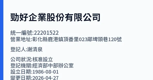 勁好企業股份有限公司的照片-統編 22201522(彰化縣) 公司登記資料與營業項目詳細圖表