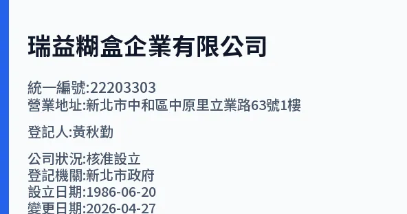 瑞益糊盒企業有限公司的照片-統編 22203303(新北市) 公司登記資料與營業項目詳細圖表