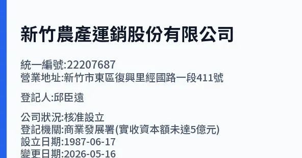 新竹農產運銷股份有限公司的照片-統編 22207687(新竹市) 公司登記資料與營業項目詳細圖表