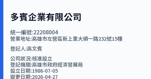 多賓企業有限公司的照片-統編 22208004(高雄市) 公司登記資料與營業項目詳細圖表