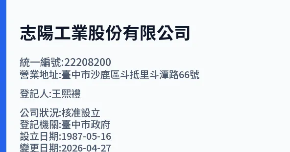 志陽工業股份有限公司的照片-統編 22208200(臺中市) 公司登記資料與營業項目詳細圖表