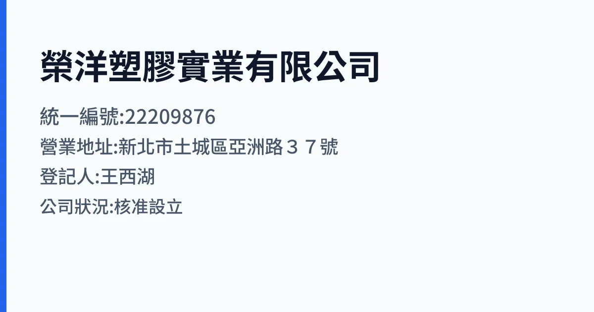 榮洋塑膠實業有限公司 - 統編 22209876(新北市) 公司登記資料與營業項目詳細圖表