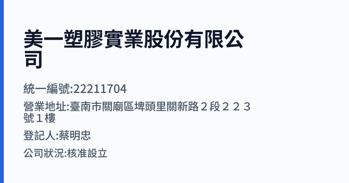 美一塑膠實業股份有限公司 - 統編 22211704(臺南市) 公司登記資料與營業項目詳細圖表