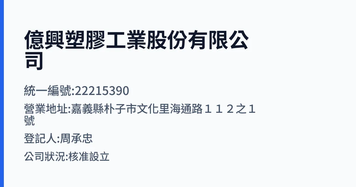 億興塑膠工業股份有限公司 - 統編 22215390(嘉義縣) 公司登記資料與營業項目詳細圖表