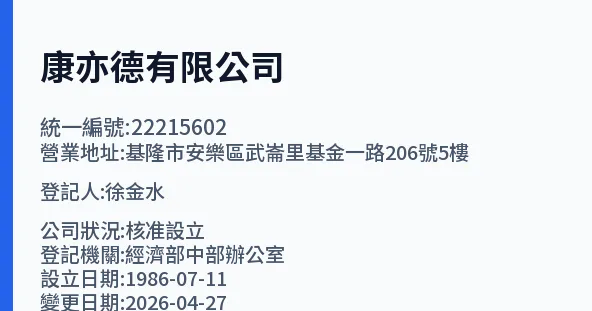 康亦德有限公司的照片-統編 22215602(基隆市) 公司登記資料與營業項目詳細圖表