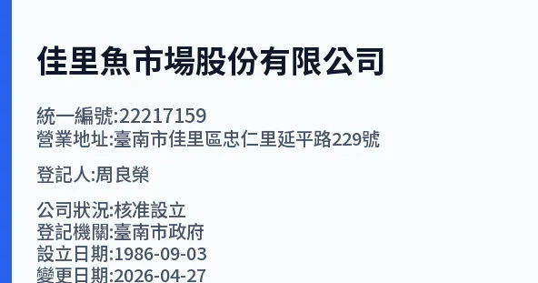佳里魚市場股份有限公司的照片-統編 22217159(臺南市) 公司登記資料與營業項目詳細圖表