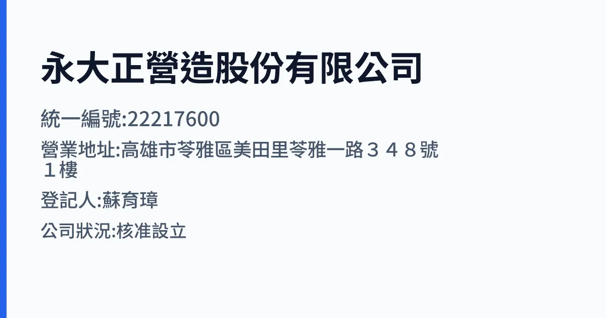 永大正營造股份有限公司 - 統編 22217600(高雄市) 公司登記資料與營業項目詳細圖表