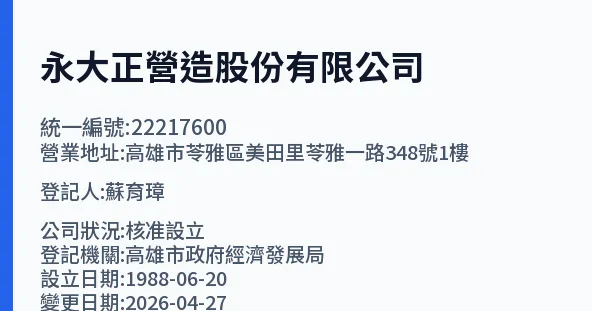 永大正營造股份有限公司的照片-統編 22217600(高雄市) 公司登記資料與營業項目詳細圖表