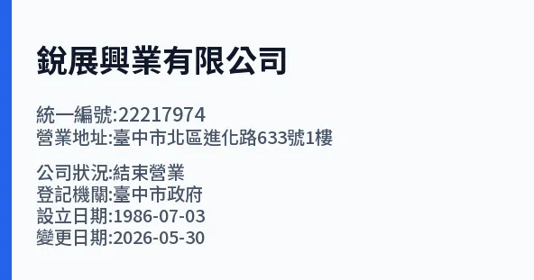 銳展興業有限公司的照片-統編 22217974(臺中市) 公司登記資料與營業項目詳細圖表