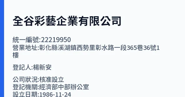 全谷彩藝企業有限公司的照片-統編 22219950(彰化縣) 公司登記資料與營業項目詳細圖表