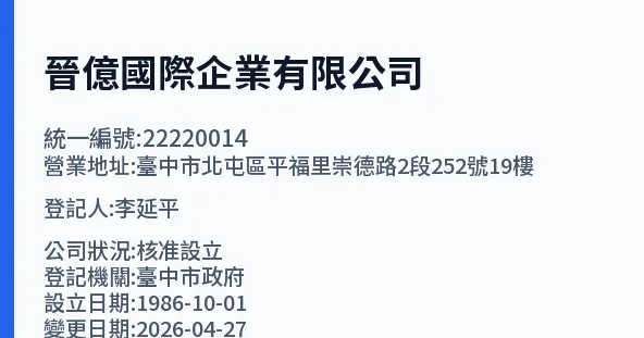 晉億國際企業有限公司的照片-統編 22220014(臺中市) 公司登記資料與營業項目詳細圖表