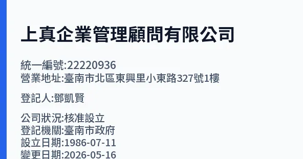 上真企業管理顧問有限公司的照片-統編 22220936(臺南市) 公司登記資料與營業項目詳細圖表