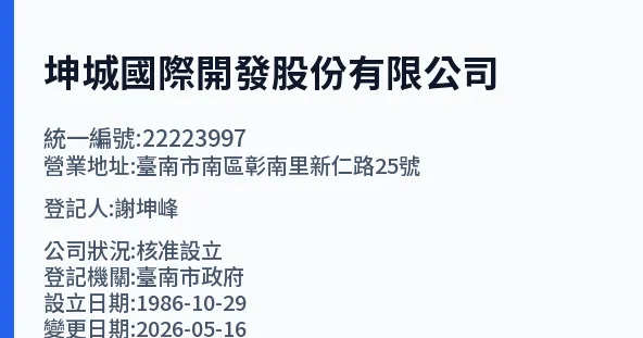 坤城國際開發股份有限公司的照片-統編 22223997(臺南市) 公司登記資料與營業項目詳細圖表