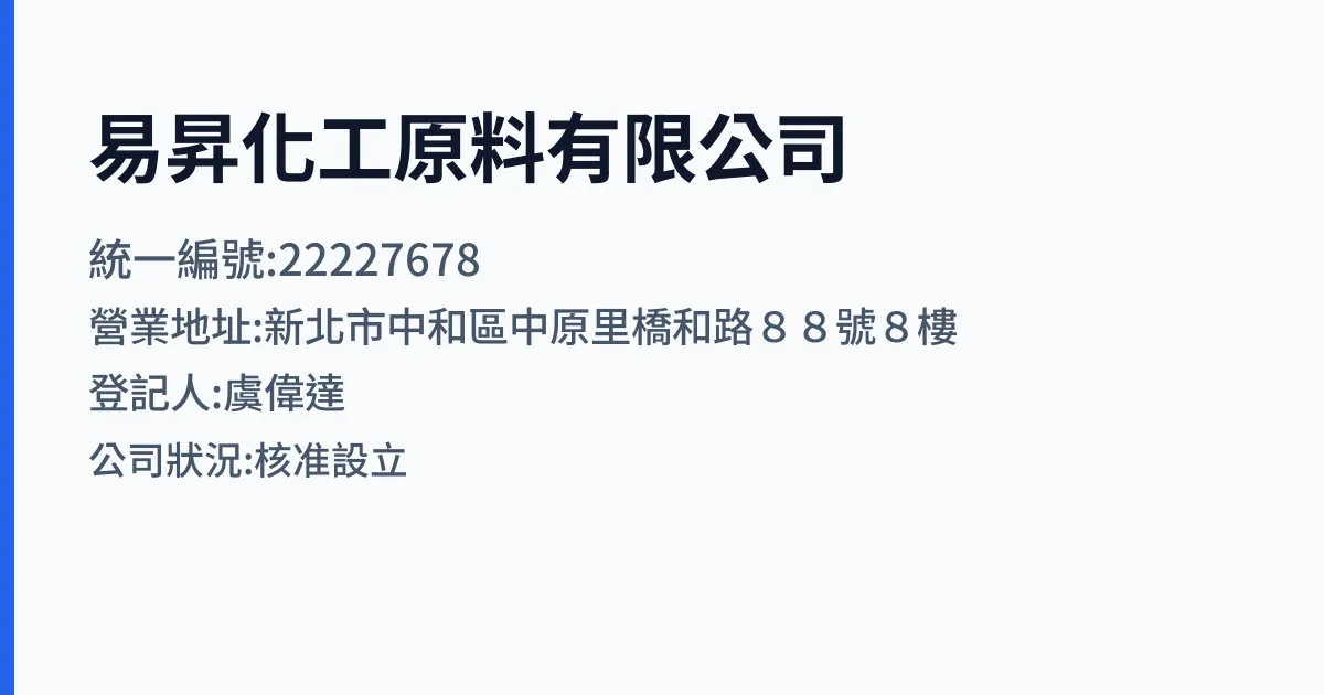 易昇化工原料有限公司 - 統編 22227678(新北市) 公司登記資料與營業項目詳細圖表