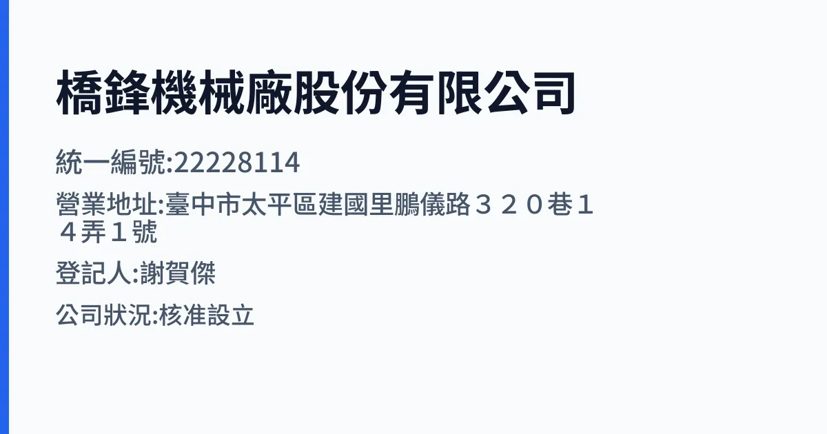 橋鋒機械廠股份有限公司 - 統編 22228114(臺中市) 公司登記資料與營業項目詳細圖表