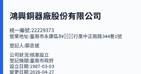 鴻興銅器廠股份有限公司的照片-統編 22229373(臺南市) 公司登記資料與營業項目詳細圖表