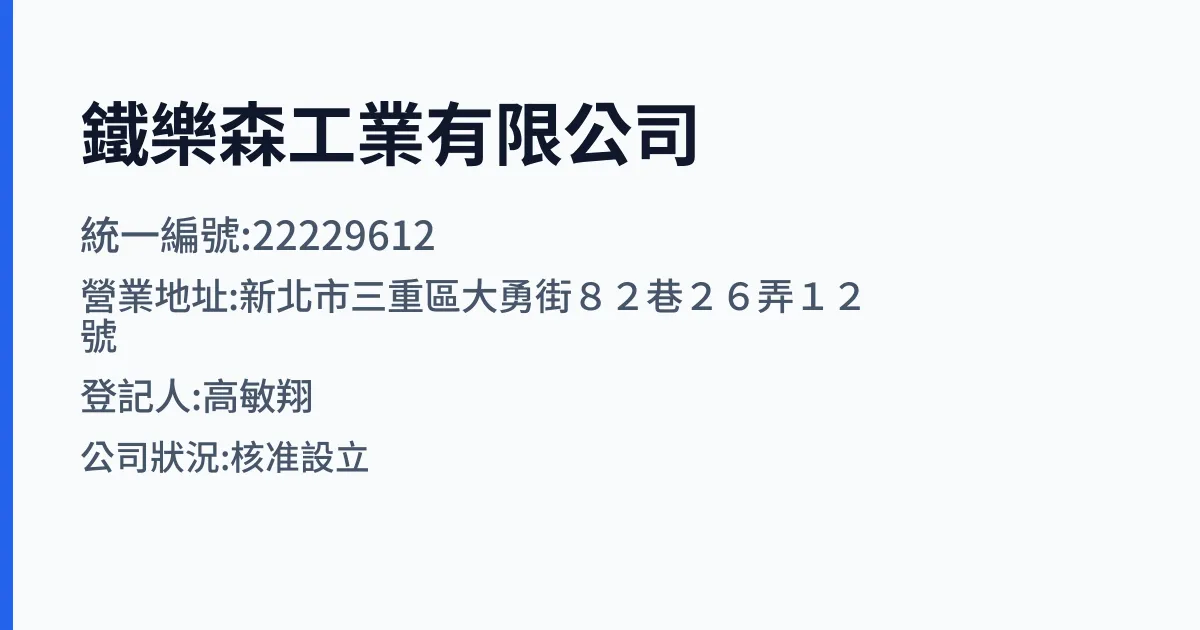 鐵樂森工業有限公司 - 統編 22229612(新北市) 公司登記資料與營業項目詳細圖表