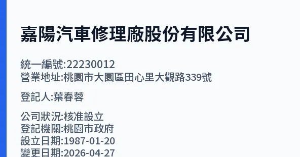 嘉陽汽車修理廠股份有限公司的照片-統編 22230012(桃園市) 公司登記資料與營業項目詳細圖表