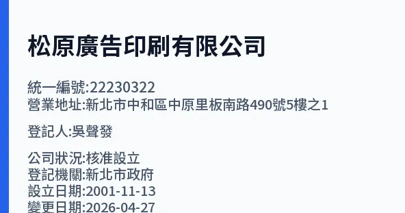 松原廣告印刷有限公司的照片-統編 22230322(新北市) 公司登記資料與營業項目詳細圖表