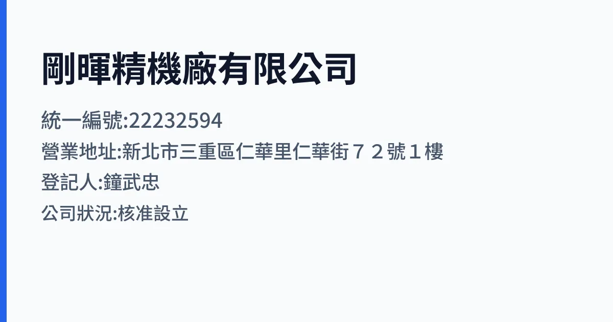 剛暉精機廠有限公司 - 統編 22232594(新北市) 公司登記資料與營業項目詳細圖表