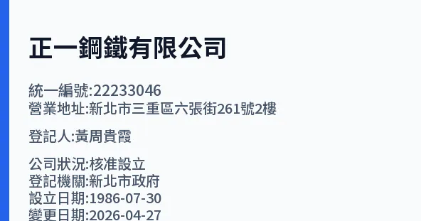 正一鋼鐵有限公司的照片-統編 22233046(新北市) 公司登記資料與營業項目詳細圖表
