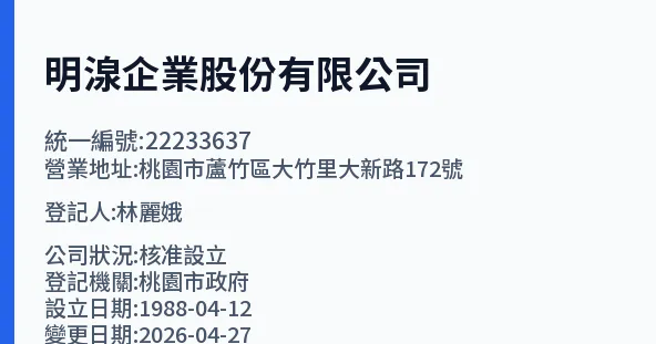 明湶企業股份有限公司的照片-統編 22233637(桃園市) 公司登記資料與營業項目詳細圖表